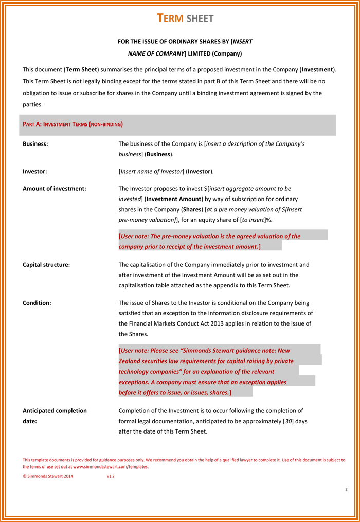 Simple Term Sheet Template Amulette
