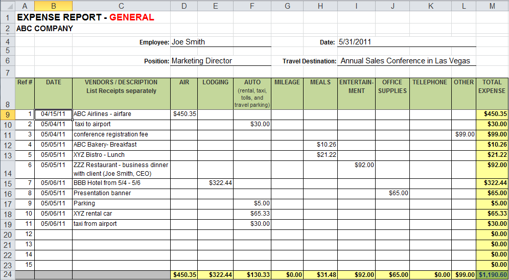 Expense Form Excel Amulette