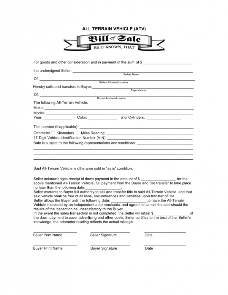 Atv Bill Of Sale Template | amulette