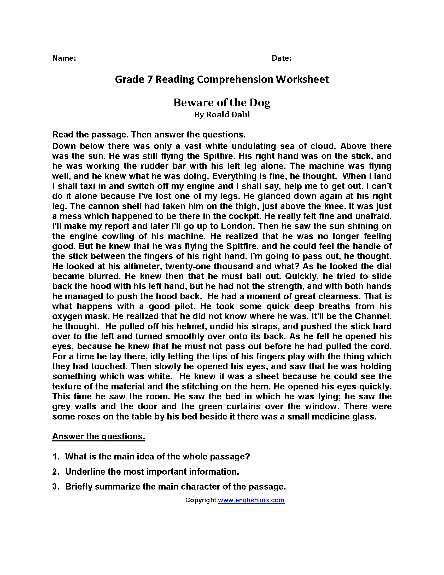 Grade 7 Reading Comprehension Worksheets Pdf Amulette Reading 